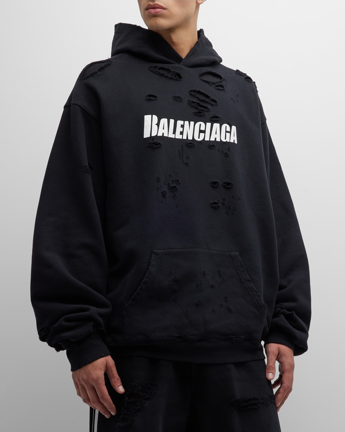 Balenciaga Double-Layer Destroyed Hoodie - 1093 Black/Black/White
